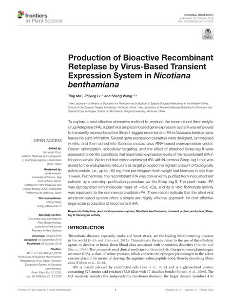 Pdf Production Of Bioactive Recombinant Reteplase By Virus Based Transient Expression System