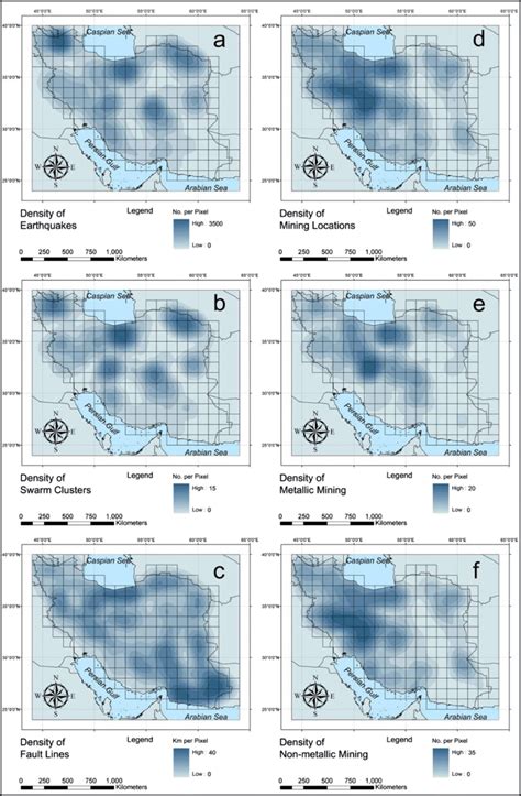 Density Of Six Variables As Rasterized Data Including A Earthquakes B Download Scientific