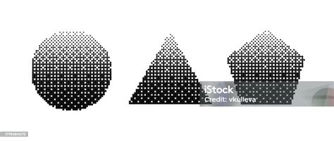 기하학적 모양 비트맵 집합입니다 디더 그라데이션 양식 컬렉션입니다 원형 삼각형 포스터 배너 콜라주 소책자 브로셔를 위한 오각형 디자인 요소 추상적인 픽셀화된 모양 팩 벡터