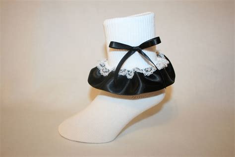 Girls White Nylon Cotton Bobby Socks With Black Satin And Lace Etsy