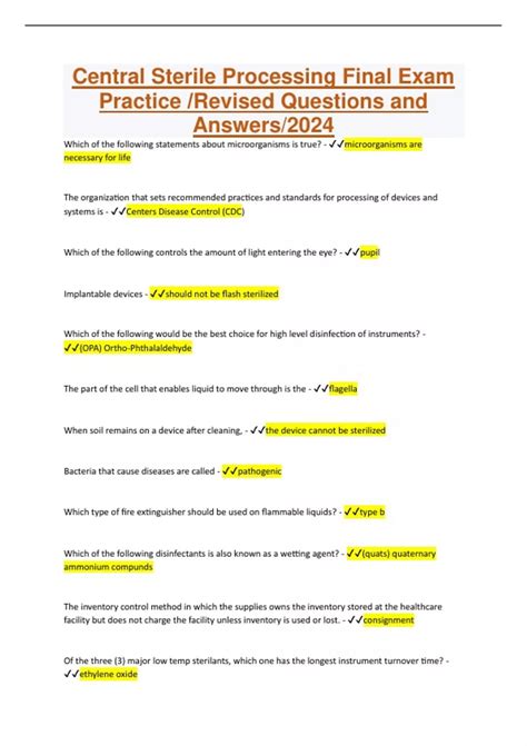 Central Sterile Processing Final Exam Practice Revised Questions And
