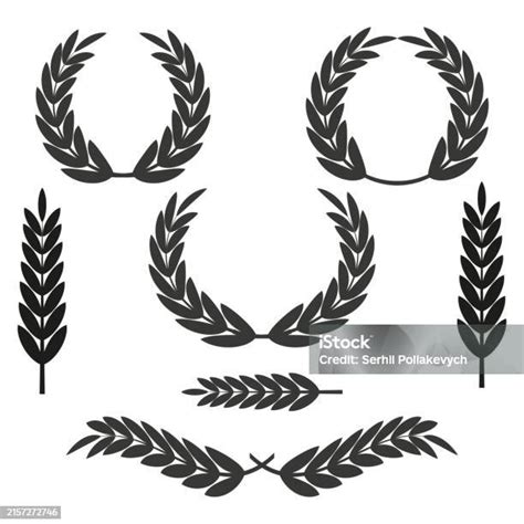 월계관과 밀 줄기의 다양한 디자인이 특징인 흑백 아이콘 세트입니다 아이콘은 흰색 배경에 표시되어 깔끔하고 단순한 스타일을 강조합니다 나뭇가지에 대한 스톡 벡터 아트 및 기타