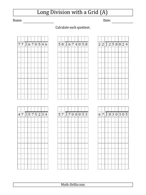 Division Long Grid 2digit Divisor 6digit Dividend Remainders All