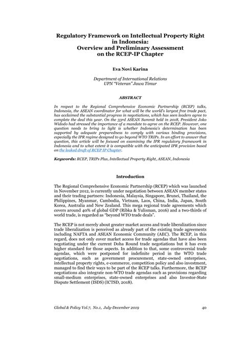 Pdf Regulatory Framework On Ipr In Indonesia Overview And