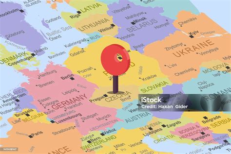Cechia Con Segnaposto Rosso Sulla Mappa Delleuropa Primo Piano Cechia Mappa Colorata Con Icona