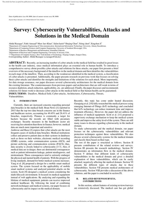 Pdf Survey Cybersecurity Vulnerabilities Attacks And Solutions In The Medical Domain