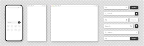 스마트폰 다양한 검색창 템플릿이 있는 빈 인터넷 브라우저 창 검색 상자 주소 표시줄 및 텍스트 필드가 있는 웹 사이트 엔진 Ui