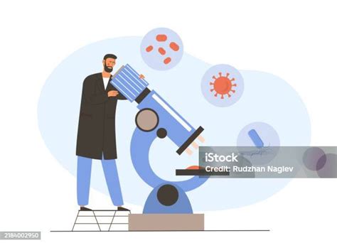 현미경을 이용한 연구 거대한 현미경을 가진 남자가 박테리아와 분자를 검사합니다 과학과 의학 화학 실험과 혁신 평면 벡터 일러스트 레이 션 Dna에 대한 스톡 벡터 아트 및