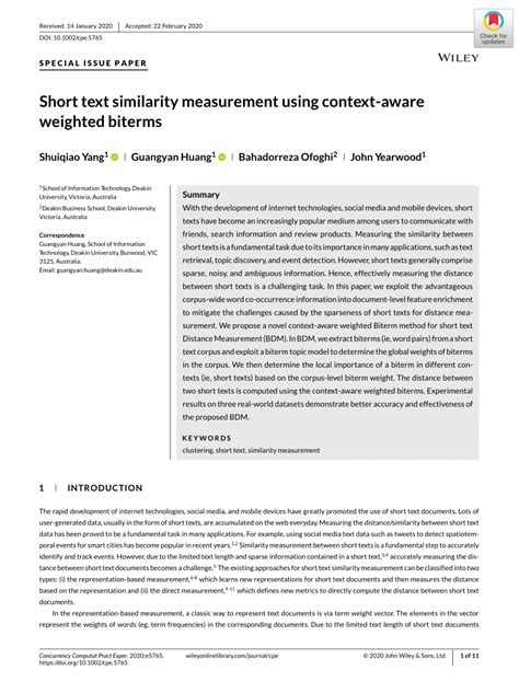 Pdf Short Text Similarity Measurement Using Context Aware Weighted Biterms