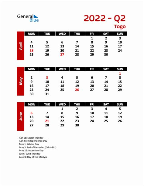 Three Month Calendar For Togo Q2 Of 2022