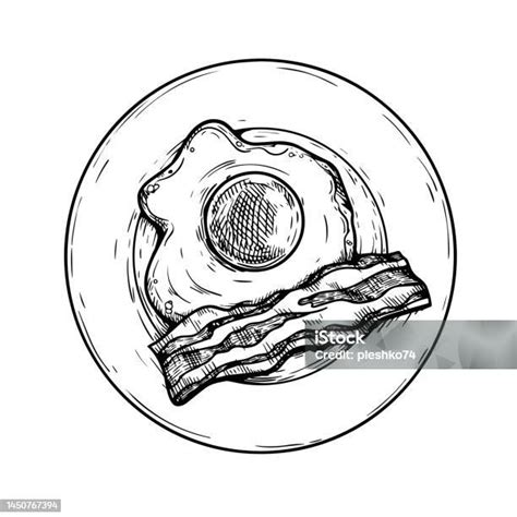 계란 후라이와 베이컨 슬라이스 접시 손으로 그린 스케치 스타일 전통적인 아침 식사 그림 흰색 배경에 벡터 그림입니다 계란 노른자에 대한 스톡 벡터 아트 및 기타 이미지