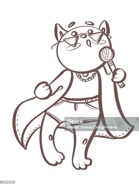 만화 스타일의 스케치 선 윤곽선 그림 만화 재미있는 고양이는 마이크 직업 가수로 노래 흰색 배경 디자인 요소 인쇄 어린이 엽서 포스터 색칠 공부 책에 0명에 대한 스톡 벡터