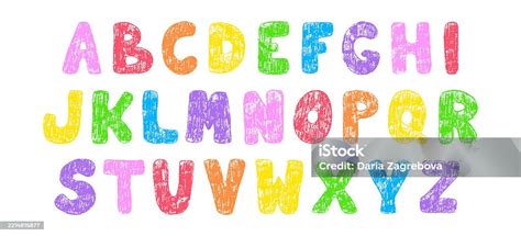 질감 효과가 있는 어린이 크레용 연필로 손으로 그린 알파벳 무지개 색의 글자가 있는 글꼴입니다 교육 배너 학교 유치원에 대 한 벡터 Abc 귀여운에 대한 스톡 벡터 아트 및