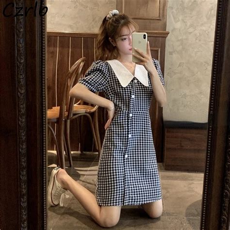 미니 드레스 여성 격자 무늬 빈티지 피터팬 칼라 러블리 걸스 홀리데이 제국 Sundress 의류 Vestido De Mujer