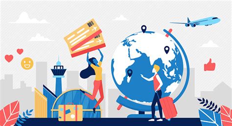행복한 여행자와 함께 비행기로 여행하는 사람들 관광 컨셉 여행사에 대한 스톡 벡터 아트 및 기타 이미지 여행사 여행 주제 지구본 Istock