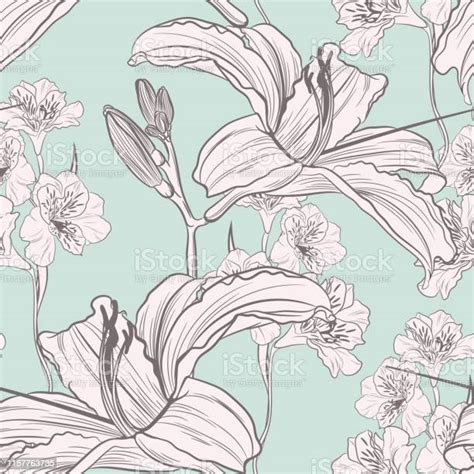 손으로 그린 백합 꽃 원활한 패턴 디자인 배너 포스터 커버에 대한 그림 파란색 배경입니다 0명에 대한 스톡 벡터 아트 및 기타 이미지 Istock