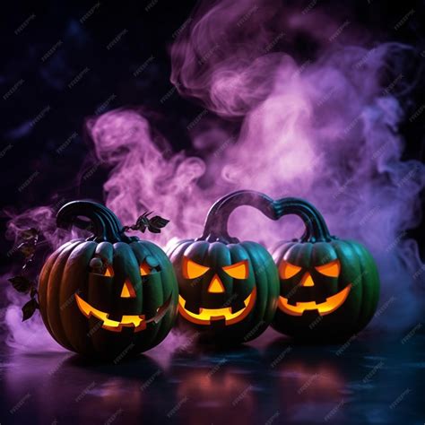 Premium Photo Neon Small Halloween Pumpkins On The Background Smoke