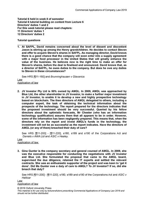 2020 Tutorial 6 Tute Work Commercial Applications Of Company Law 2019 Tutorial 6 Held In