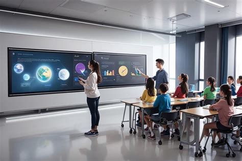 Premium Ai Image The Evolution Of Smartboards Interactive Displays In The Futuristic Classroom