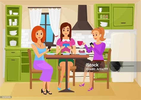 사람들은 친구가 함께 귀여운 부엌에서 음식을 먹고 배고픈 여자의 친절한 회의 3 명에 대한 스톡 벡터 아트 및 기타 이미지 3 명 말하기 소녀 Istock
