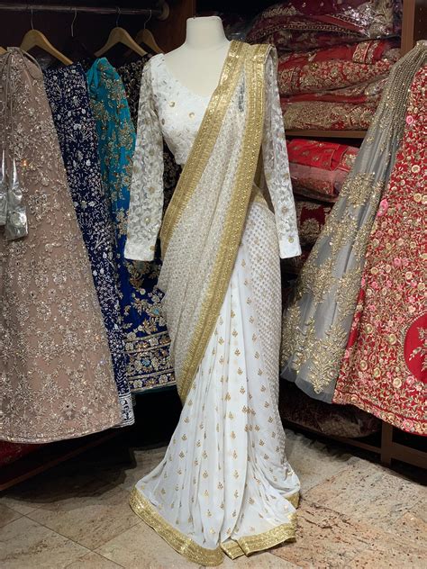 White Pre Stitched Saree W Readymade Blouse Pss 19 Nazranaa