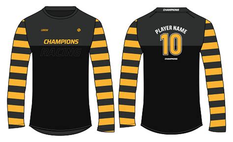 긴 소매 T 셔츠 스포츠 저지 디자인 플랫 스케치 일러스트 레이 션 스트라이프 패턴 모토 크로스 레이싱 저지 컨셉 전면 및 후면보기 크리켓 축구 배구 럭비 유니폼 디자인