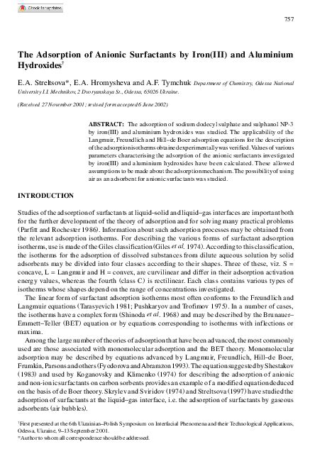 Pdf The Adsorption Of Anionic Surfactants By Ironiii And Aluminium