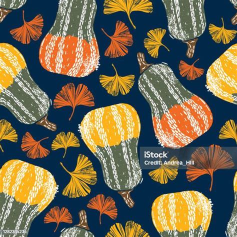 스쿼시 채소와 깅코 잎 리노컷 우드컷 복고풍 매끄러운 패턴 벡터 Eps10 일러스트레이션 가을에 대한 스톡 벡터 아트 및 기타