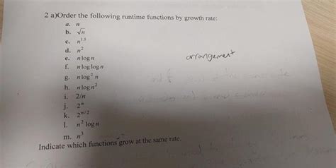 solved 2 a order the following runtime functions by growth