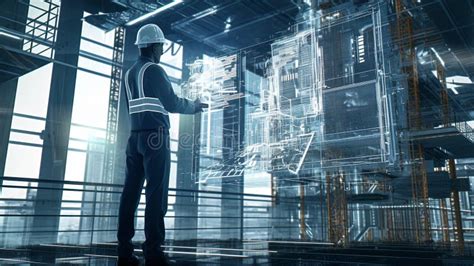 Engineer Analyzing Virtual Building With Advanced Augmented Reality Technology Stock