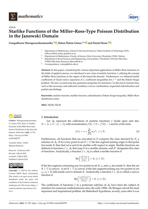 Pdf Starlike Functions Of The Miller Ross Type Poisson Distribution In The Janowski Domain