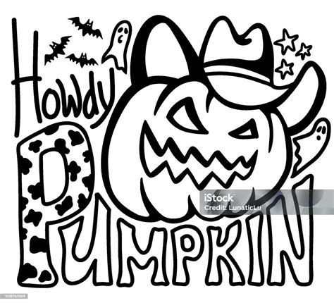 호박 카우보이 할로윈 벡터 인쇄 가능한 일러스트레이션 하얀 배경에 고립 된 하우디한 텍스트와 유령이있는 카우보이 모자를 쓴 할로윈 호박 카우보이에 대한 스톡 벡터 아트 및