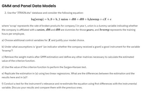 Solved 2 Use The JTRAIN Dta Database And Consider The Chegg