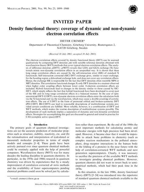 Pdf Invited Paper Density Functional Theory Coverage Of Dynamic And Non Dynamic Electron