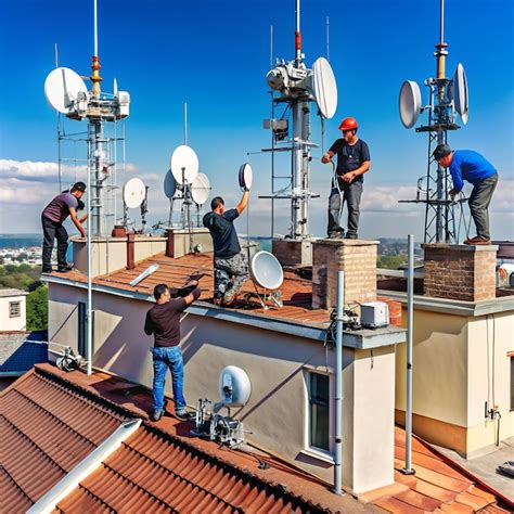 Rooftop With Multiple Antennas Some Being Repaired By Technicians Premium Ai Generated Image