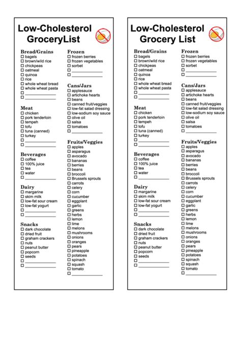 Low Cholesterol Grocery List Template Printable Pdf Download