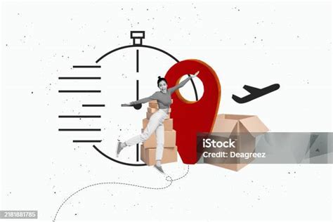 행복한 소녀 스탠드 말뚝 판지 상자 소포 기하학적 평면 우편 목적지 타이머의 복합 사진 콜라주 페인트 배경에 고립 된 20 24
