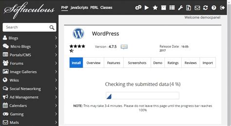 softaculous wordpress installation on process servercake