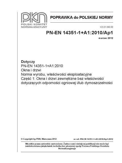 PN-EN 14351-1+A1:2010/Ap1: Poprawka Do Polskiej Normy | PDF