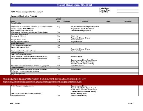 Project Management Five Stages Checklist Template Excel Xls