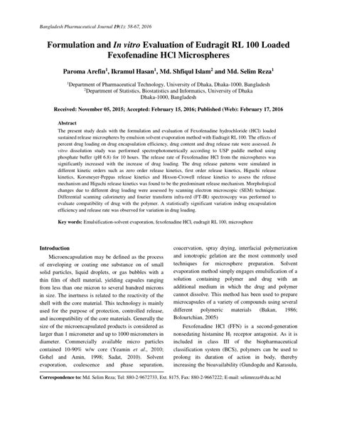 Pdf Formulation And In Vitro Evaluation Of Eudragit Rl 100 Loaded Fexofenadine Hcl Microspheres