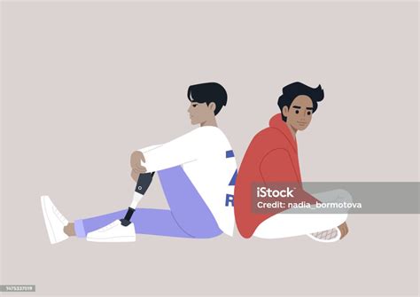 두 명의 젊은 인물이 등을 맞대고 앉아 함께 시간을 보내고 그 중 한 명은 의족을 가지고 있습니다 운동에 대한 스톡 벡터 아트 및 기타 이미지 Istock