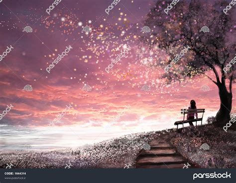 تصویر فانتزی با آسمان زیبا ستاره دختری روی نیمکتی زیر یک درخت نشسته است