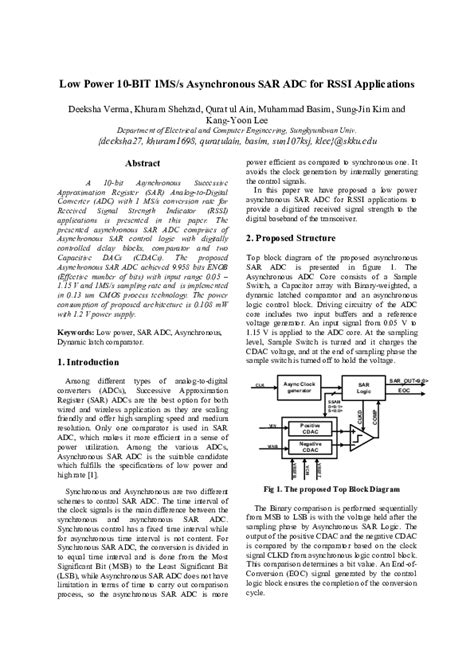 Pdf Low Power 10 Bit 1mss Asynchronous Sar Adc For Rssi Applications