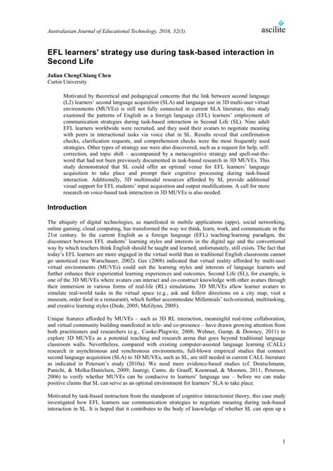 Pdf Efl Learners Strategy Use During Task Based Interaction In Second Life