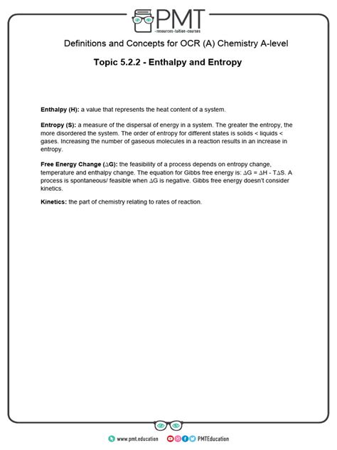 Definitions Topic 5 2 2 Enthalpy And Entropy Ocr A Chemistry A Level Pdf Science And Mathematics