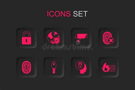 Set Key Shield With World Globe Lock Cancelled Fingerprint Firewall Security Wall Security