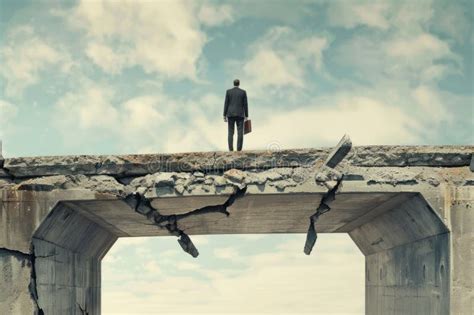 Businessman Stands On Broken Bridge Contemplating The Future Surreal Digital Art With A Broken