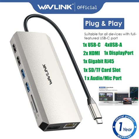 WAVLINK USB C Hub Triple Monitor 12 In 1 Laptop Docking Station Adapter With Dual 4K HDMI DP
