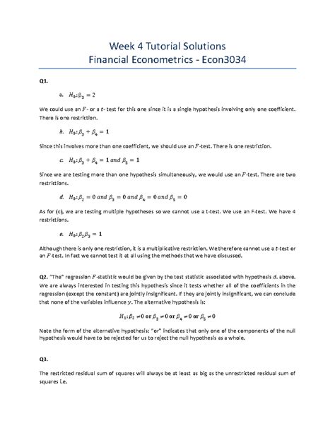 Econ3034 Tutorial Solutions Week04 Week 4 Tutorial Solutions Financial Econometrics Econ Q1